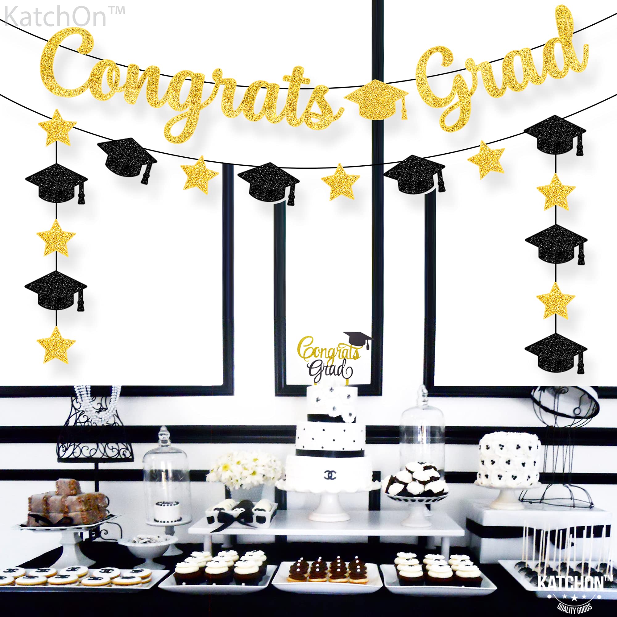 KatchOn, Glitter Gold and Black Congrats Grad Banner - 10 Feet | Gold and Black Graduation Banner, Cap Garland for Graduation Decorations Class of 2024 | Gold and Black Graduation Decorations 2024