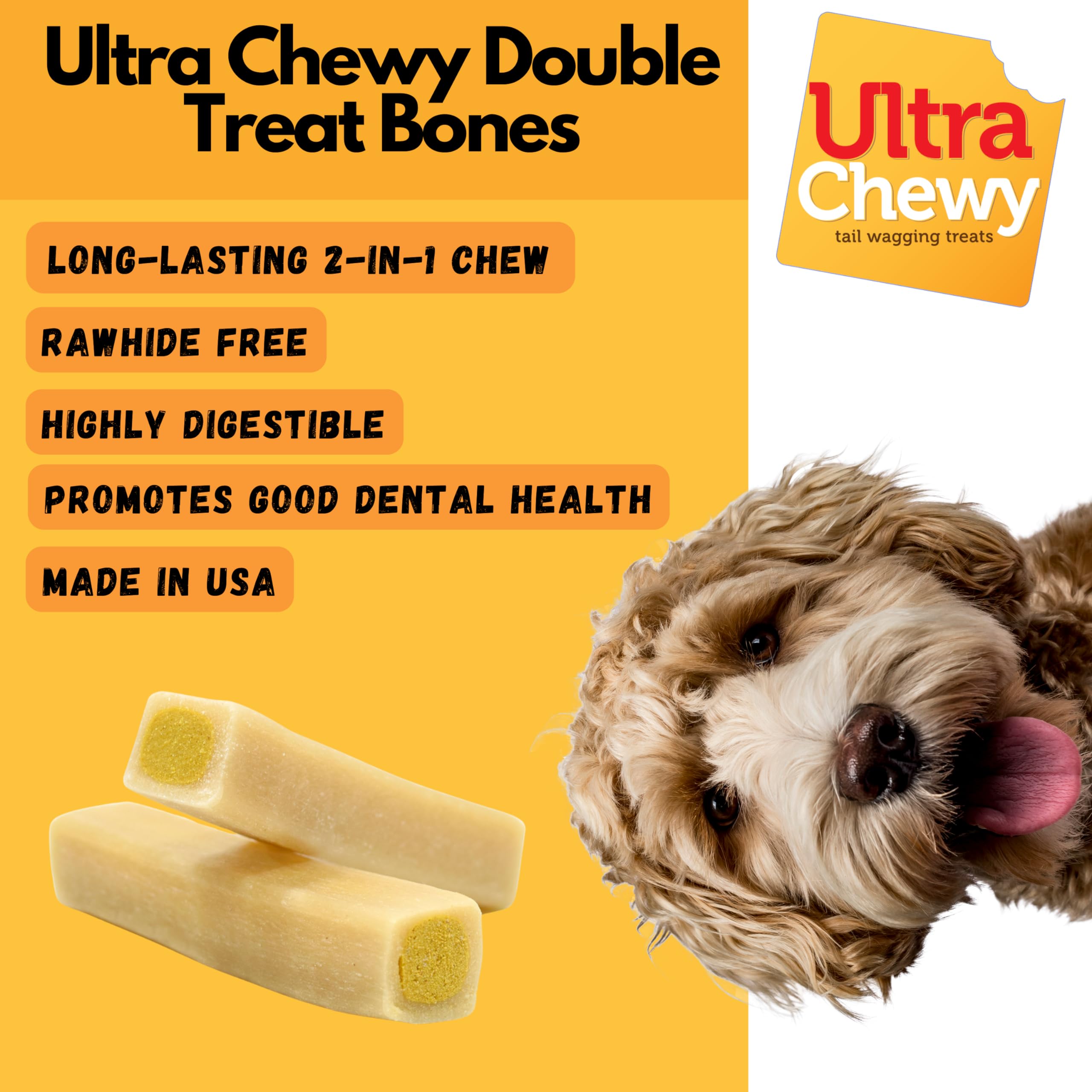 Ultra Chewy Favorites Double Treat Bones, Made in The USA, Healthy Treats, Easy to Digest, Promotes Dental Health (Assorted Flavors, 2 Packs/9 Bones Per Pack)