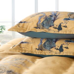 Get Bed Ready Chinoiserie Chic Duvet Cover Set Painted Oriental Garden Print Bedding 400tc Cotton Sateen Beautiful Botanical Nature Antique Asian Drawing (Ocher Shade, King)