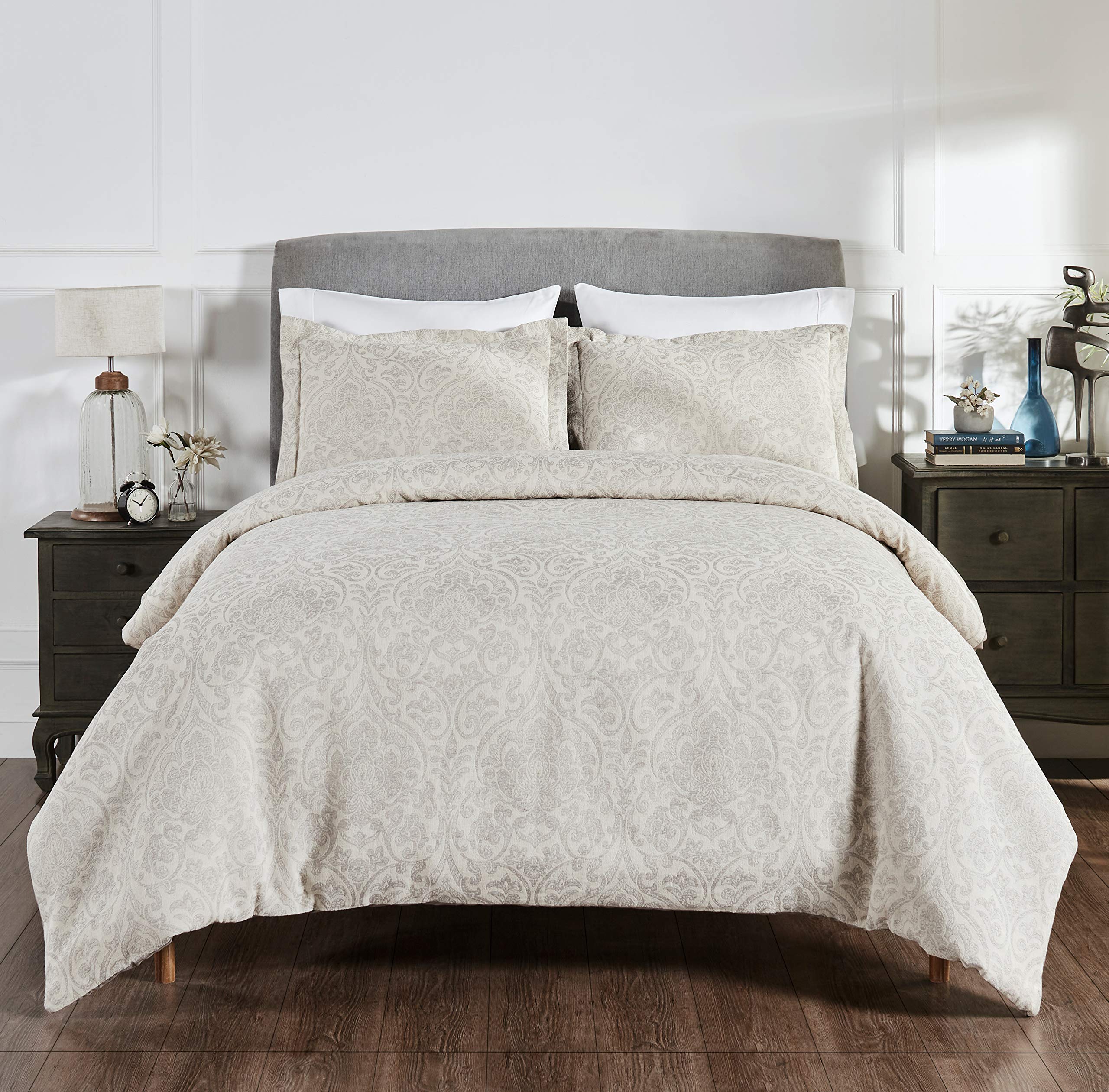 Better Trends Haven Damask Duvet Cover Collection 100% Cotton Tufted Unique Luxurious Soft Plush Woven Machine Washable Tumble Dry, Queen Set, Grey