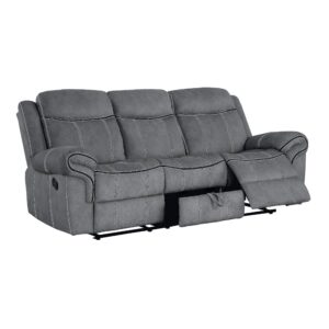 habitrio reclining sofa, solid wood frame&grey velvet upholstered 3-seat recliner couch w/back&seat cushion, drop-down table w/usb charging dock, middle storage drawer, furniture for living room