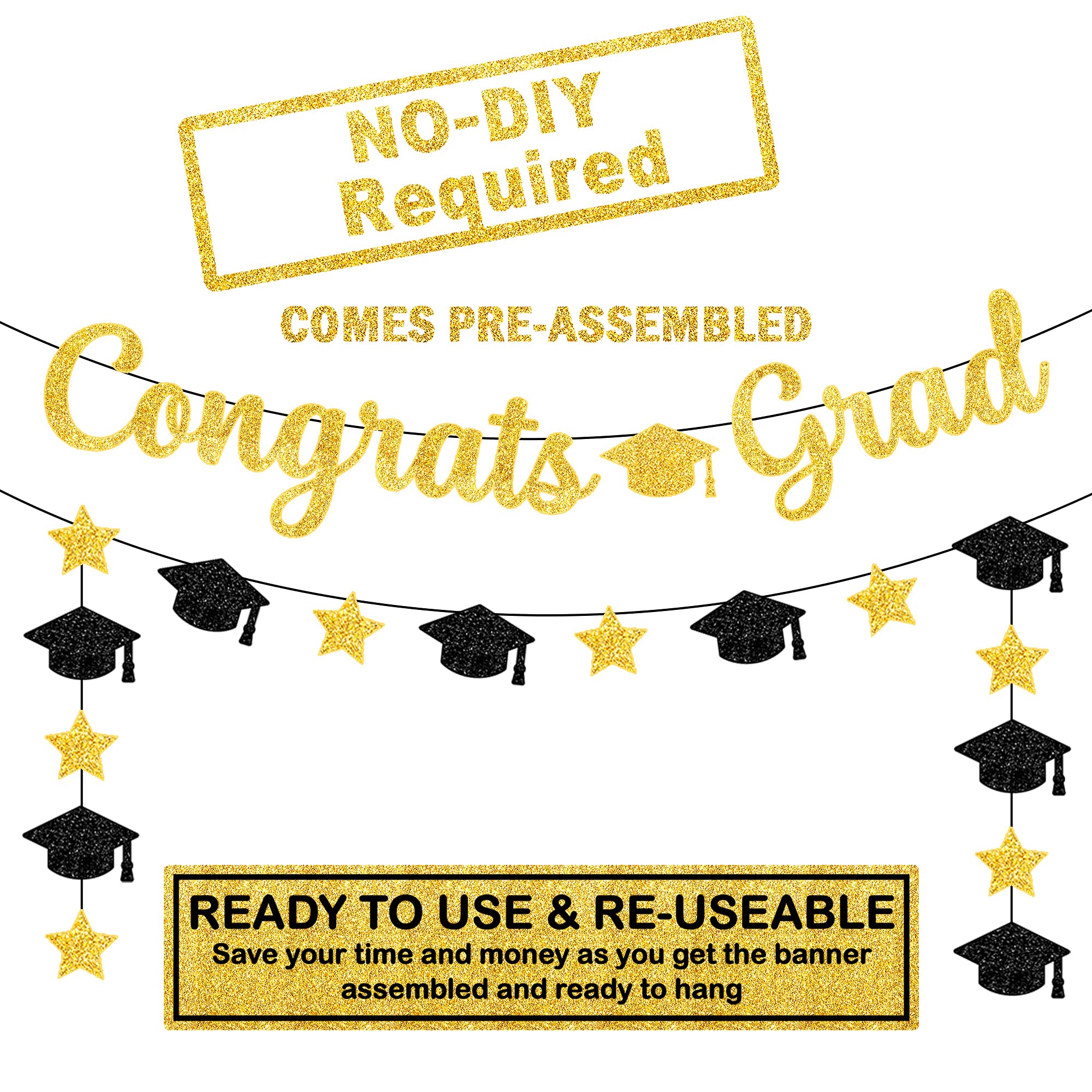 KatchOn, Glitter Gold and Black Congrats Grad Banner - 10 Feet | Gold and Black Graduation Banner, Cap Garland for Graduation Decorations Class of 2024 | Gold and Black Graduation Decorations 2024