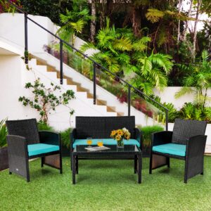 Tangkula 4 Pieces Rattan Furniture Set, Outdoor Conversation Set w/Chair & Loveseat & Tempered Glass Coffee Table, Suitable for Garden, Backyard, Poolside, Patio Furniture Set for 4 (1, Turquoise)