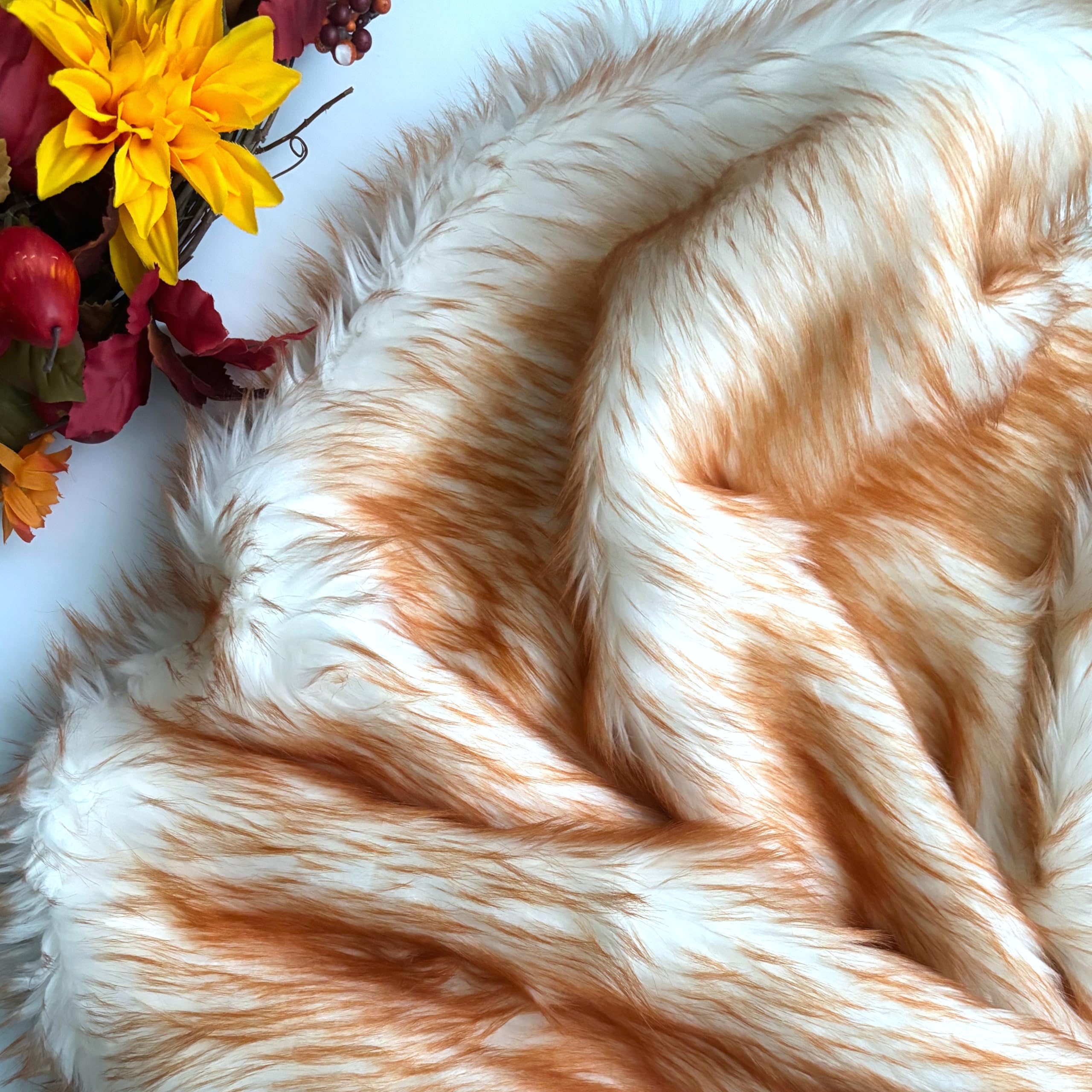 Bianna Candy Amber Orange White Faux Fur Fabric, 60 inches Wide Options and Small Sizes, American Seller, Luxury Shag Shaggy Material for Crafting, Sewing, Costumes (12x12 inches)