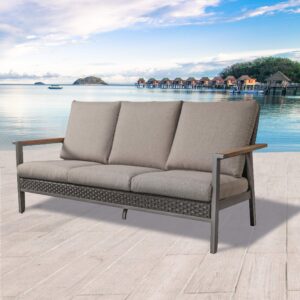 lokatse home outdoor wicker 3-seat couch loveseat patio rattan furniture bench with removable thick beige cushions steel frame for garden, yard, porch, gray