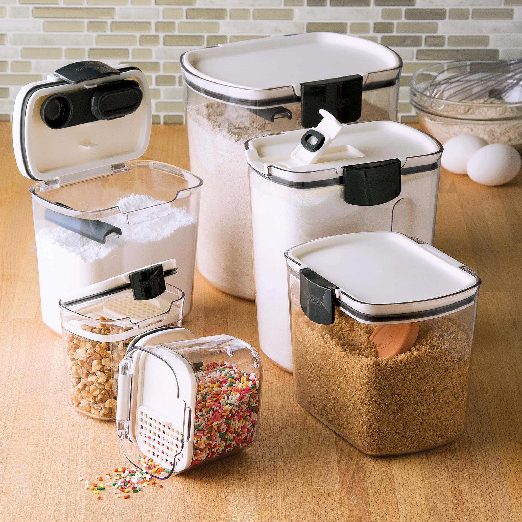 Progressive ProKeeper Baker's Airtight Kitchen Storage Canister Container Set for Flour, Sugar & More, Keeps Ingredients Fresh, with Accessories (Black Latches, 6- Piece)