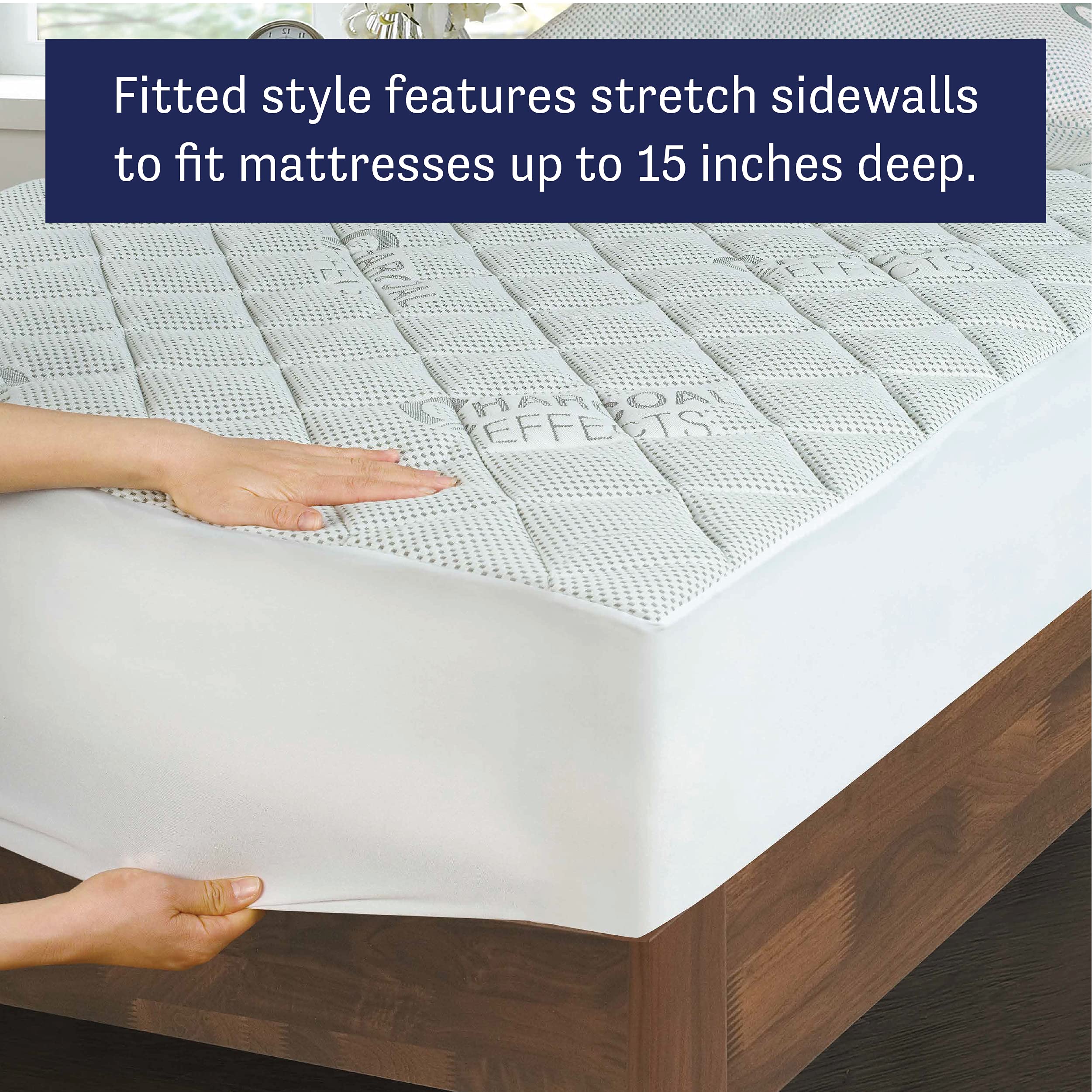 All-In-One Water-Resistant Charcoal Effects Odor Control and Cooling Fitted Mattress Pad, King, White