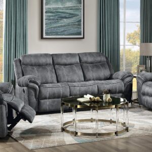 HABITRIO Reclining Sofa, Solid Wood Frame&Grey Velvet Upholstered 3-Seat Recliner Couch w/Back&Seat Cushion, Drop-Down Table w/USB Charging Dock, Middle Storage Drawer, Furniture for Living Room