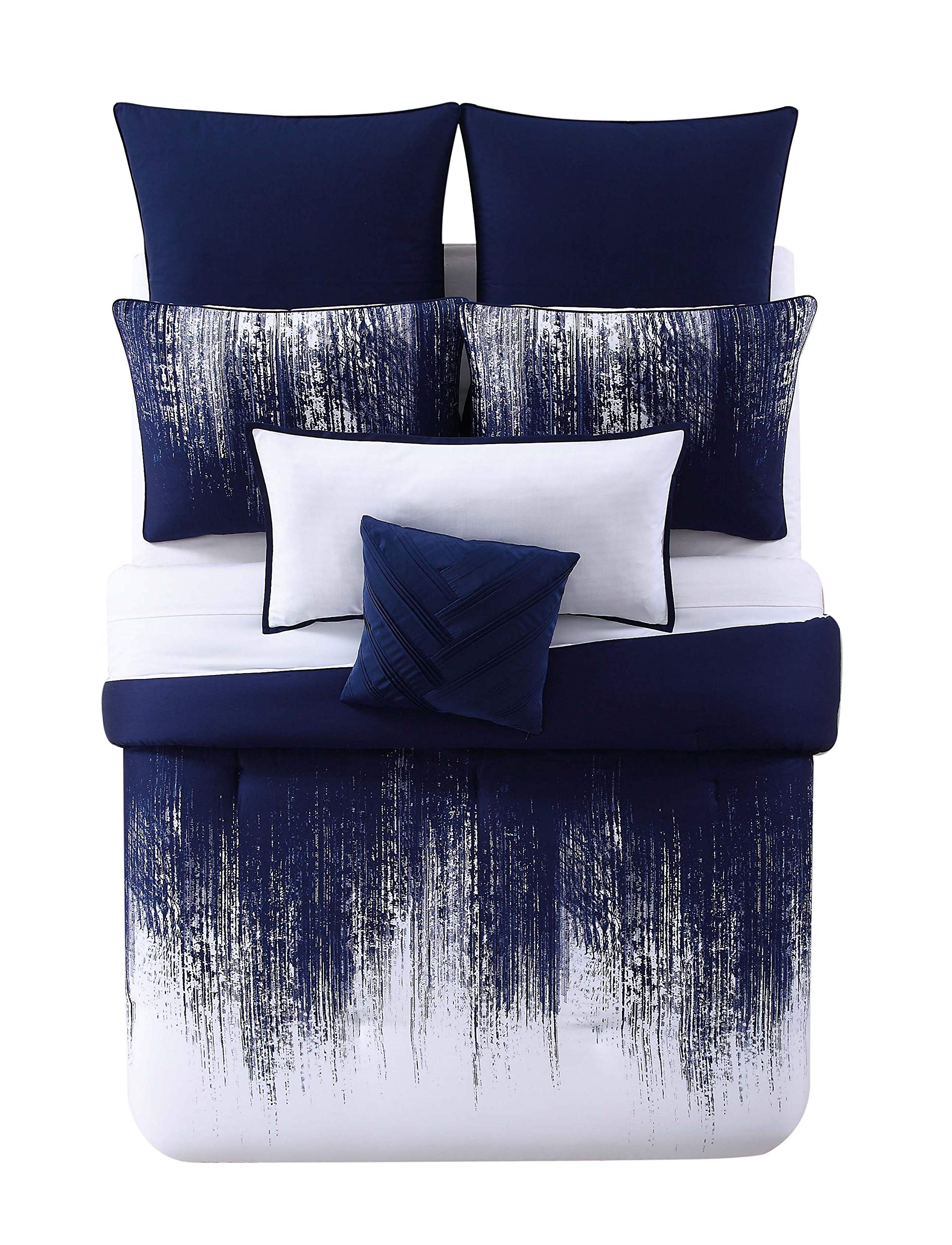 Vince Camuto - Full/Queen Duvet and Sham Set - Abstract Brushstroke Pattern - Lyon Collection - Blue/White