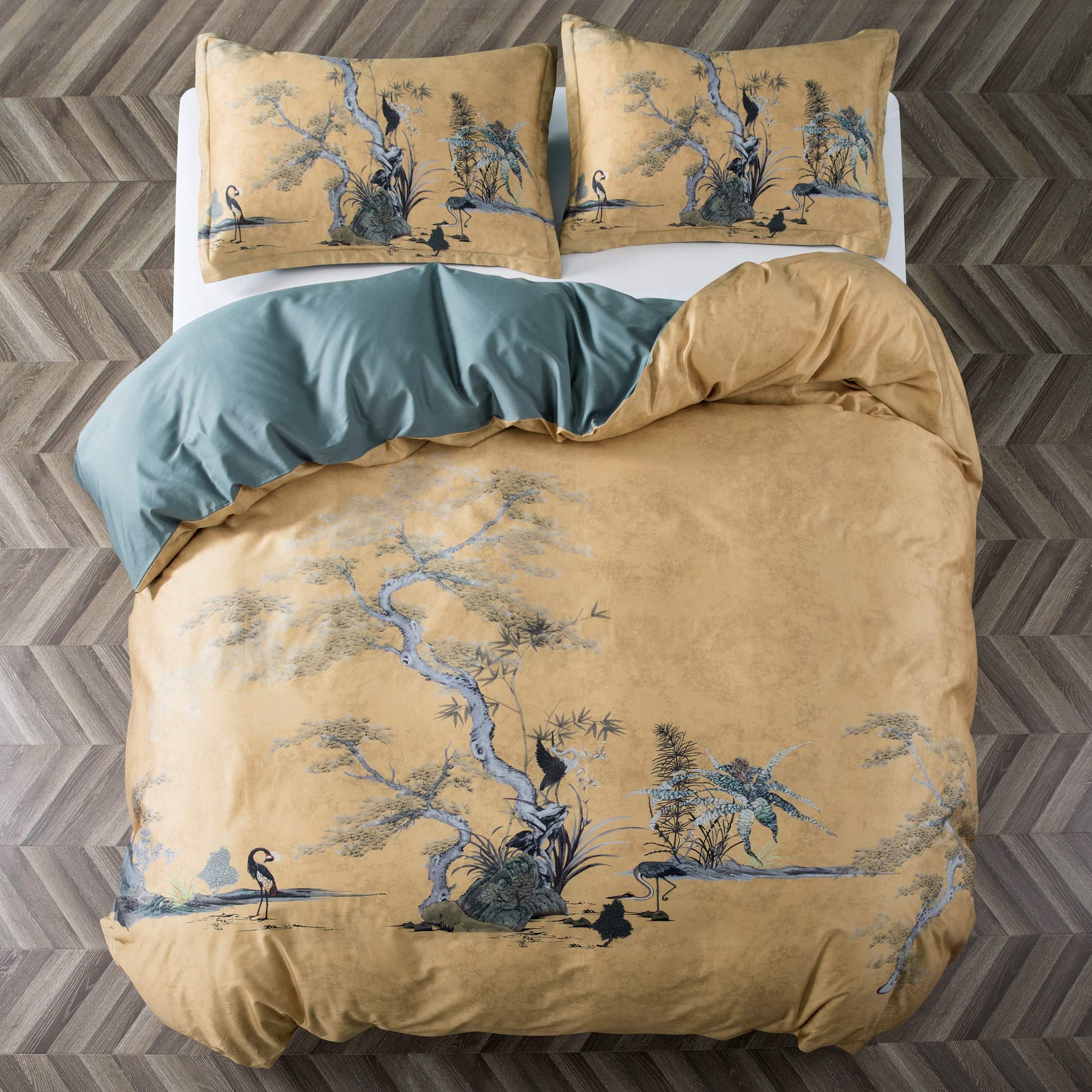 Get Bed Ready Chinoiserie Chic Duvet Cover Set Painted Oriental Garden Print Bedding 400tc Cotton Sateen Beautiful Botanical Nature Antique Asian Drawing (Ocher Shade, King)