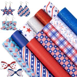 whaline 4th of july faux leather sheets 8 x 12 inch patriotic synthetic leather fabric glitter red blue stars stripes national flag faux leather for independence day diy craft earring hair bow, 12pcs