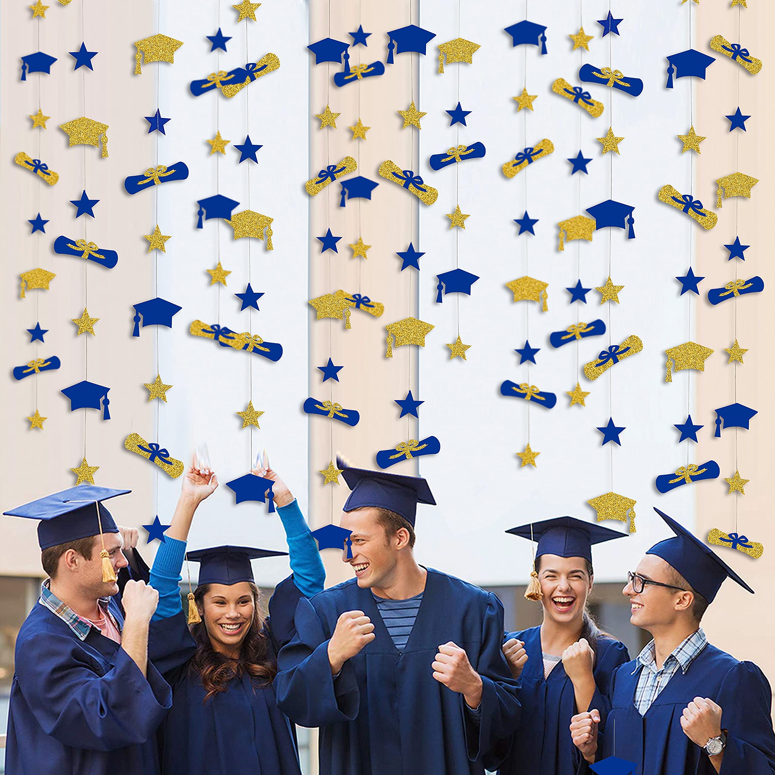 Navy Blue Gold Graduation Decorations 2023 Graduation Hat Diploma Star Garland Banner Bunting Streamer Backdrop for Graduation Party Supplies Classroom Middle High School Grad Home Decor