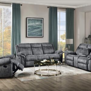 HABITRIO Reclining Sofa, Solid Wood Frame&Grey Velvet Upholstered 3-Seat Recliner Couch w/Back&Seat Cushion, Drop-Down Table w/USB Charging Dock, Middle Storage Drawer, Furniture for Living Room