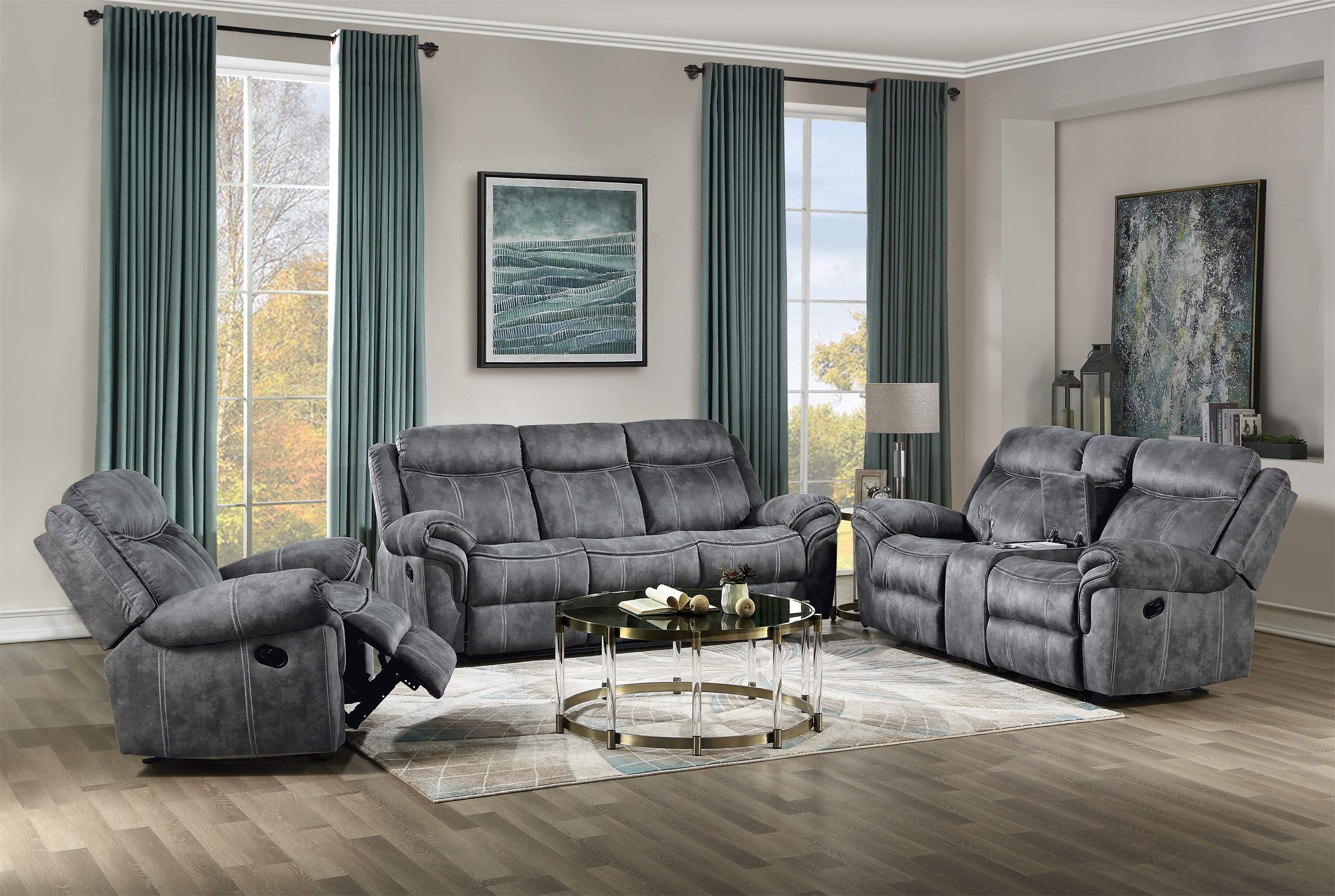 HABITRIO Reclining Sofa, Solid Wood Frame&Grey Velvet Upholstered 3-Seat Recliner Couch w/Back&Seat Cushion, Drop-Down Table w/USB Charging Dock, Middle Storage Drawer, Furniture for Living Room