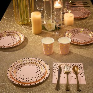 Pink and Gold Party Supplies - 350 PCS Disposable Dinnerware Set - Pink Paper Plates Napkins Cups, Gold Plastic Forks Knives Spoon for Graduation, Birthday, Cocktail Party