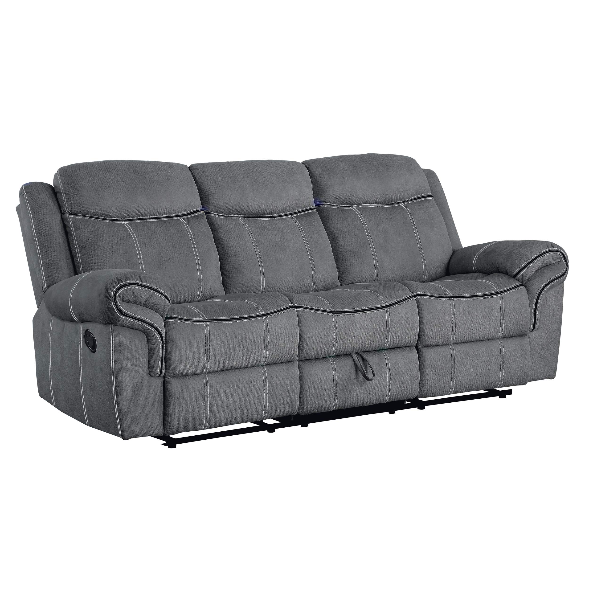 HABITRIO Reclining Sofa, Solid Wood Frame&Grey Velvet Upholstered 3-Seat Recliner Couch w/Back&Seat Cushion, Drop-Down Table w/USB Charging Dock, Middle Storage Drawer, Furniture for Living Room