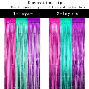 Teal Purple Pink Tinsel Foil Fringe Curtains - Under The Sea Birthday Baby Shower Photo Backdrops Wedding Summer Beach Pool Ocean Party Decor Photo Booth Backdrops Decorations, 3.2 ft x 9.8 ft, 2PC