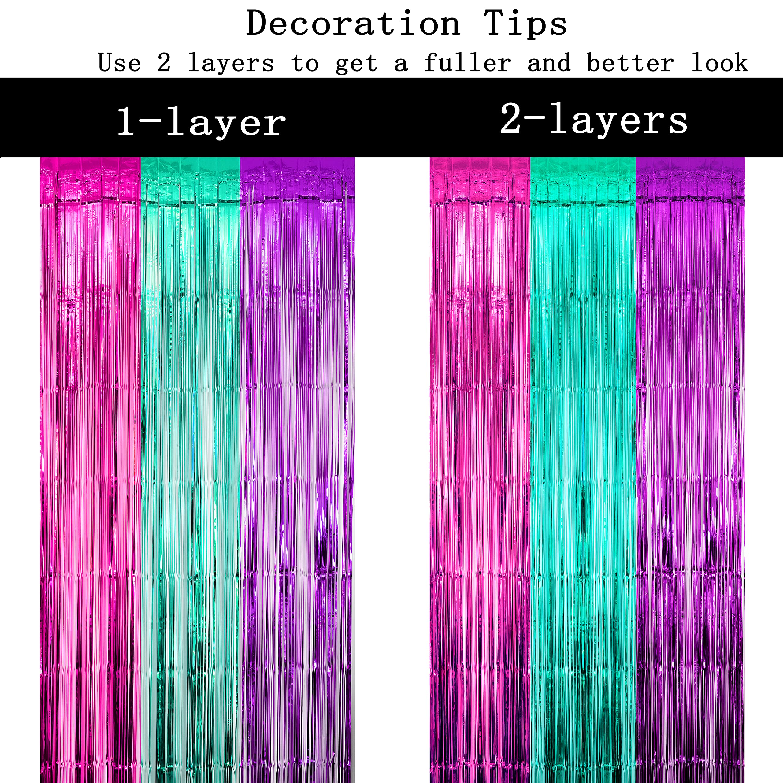 Teal Purple Pink Tinsel Foil Fringe Curtains - Under The Sea Birthday Baby Shower Photo Backdrops Wedding Summer Beach Pool Ocean Party Decor Photo Booth Backdrops Decorations, 3.2 ft x 9.8 ft, 2PC