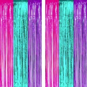 teal purple pink tinsel foil fringe curtains - under the sea birthday baby shower photo backdrops wedding summer beach pool ocean party decor photo booth backdrops decorations, 3.2 ft x 9.8 ft, 2pc