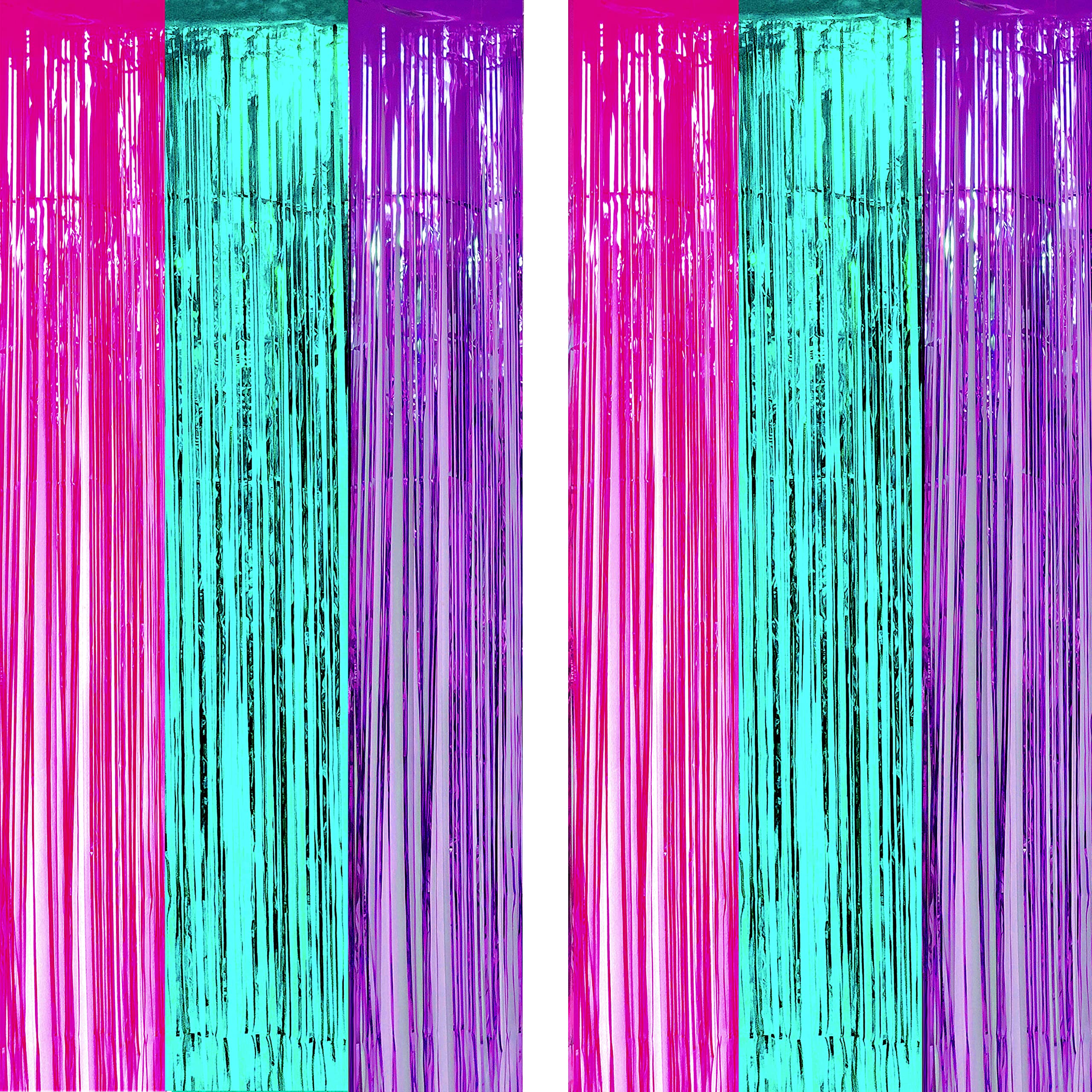 Teal Purple Pink Tinsel Foil Fringe Curtains - Under The Sea Birthday Baby Shower Photo Backdrops Wedding Summer Beach Pool Ocean Party Decor Photo Booth Backdrops Decorations, 3.2 ft x 9.8 ft, 2PC