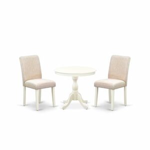 east west furniture amab3-lwh-02 3 piece dining room furniture set contains a round dining table with pedestal and 2 light beige linen fabric upholstered chairs, 36x36 inch, linen white