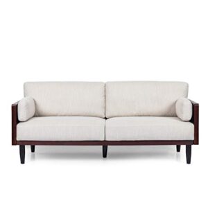 christopher knight home monture upholstered 3 seater sofa - beige/dark walnut