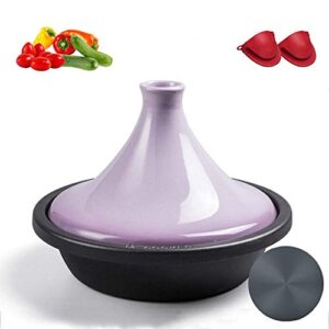 thickened cast iron tagine pot, with gloves potholder, for different cooking styles and temperature settings, enameled tajine, oven safe dish clay / 27cm with thermal board/purple