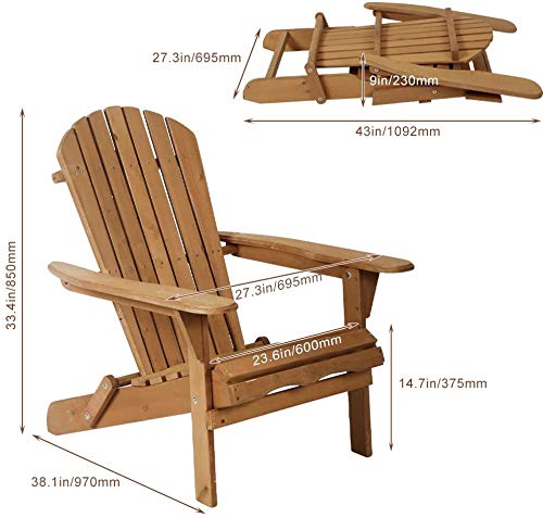 HomeClever Folding Wooden Adirondack Chair Patio Chairs Lounger Weather Resistant Accent Furniture wArms Solid Heavy Duty Modern Lawn for Deck, Backyard, Garden Natural Set of 2