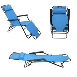 wei wei global folding patio lounge chair, portable outdoor reclining chair, pool side beach lawn chaise chair with pillow for travel, picnic and camping, blue