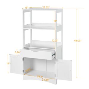 Sideboard Storage Cabinet with 2 Open Shelves, 1 Drawer and 1 Cupboard Kitchen Pantry Storage Cabinet with Microwave Space Freestanding Floor Bathroom Cabinet, Bookshelf,Display Unit for Home, White