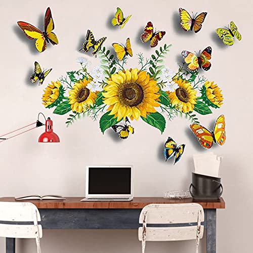 Sunflower Wall Stickers with 3D Butterfly Wall Sticker, Yellow Flowers Wall Decal,SPRT Waterproof and Removable, Sunflower Wall Stickers,Wall Stickers for Bedroom Living Room Bathroom Decor