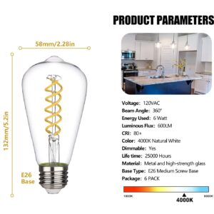 RuiAoTD ST58 (ST19) Vintage Edison LED Bulb, Daylight White 4000K, Antique Flexible Spiral LED Filament Light Bulb, 600LM Dimmable, 6W Equivalent to 60W, CRI 80+, E26 Base, Clear Glass, 6 Pack