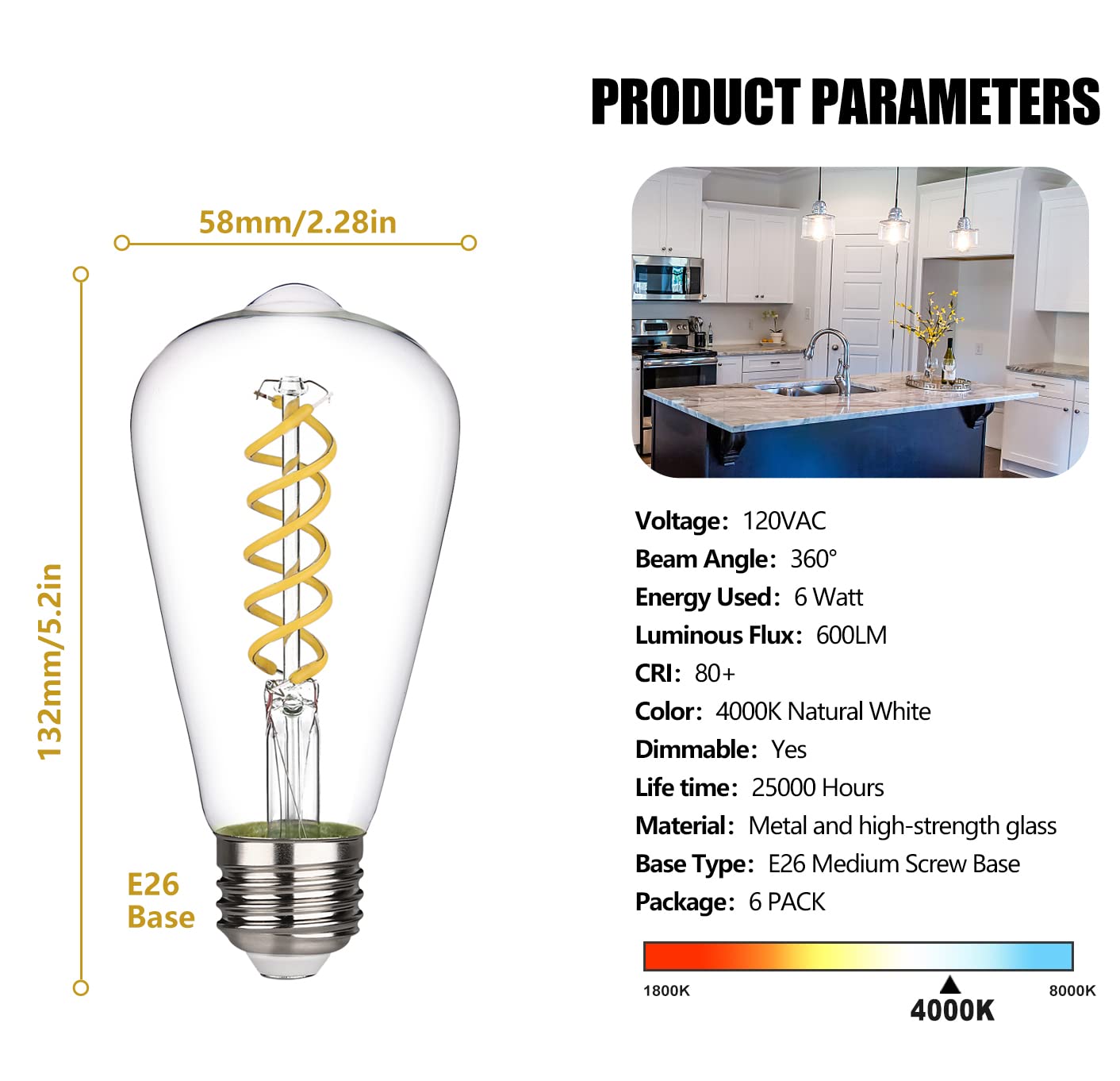 RuiAoTD ST58 (ST19) Vintage Edison LED Bulb, Daylight White 4000K, Antique Flexible Spiral LED Filament Light Bulb, 600LM Dimmable, 6W Equivalent to 60W, CRI 80+, E26 Base, Clear Glass, 6 Pack