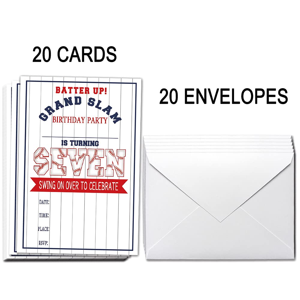 ukebobo 7th Birthday Party Invitations with Envelopes – Batter Up Baseball Party Invitations, Baseball Party Decorations– 20 Cards With Envelopes（bq-07）