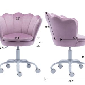 DM Kids Desk Chair Ergonomic Reading Study Computer Chair for Students Cute Modern Upholstered Velvet Swivel Rolling Arm Chair for Girls Bedroom, Seashell Back Adjustable Vanity Chair (Purple)