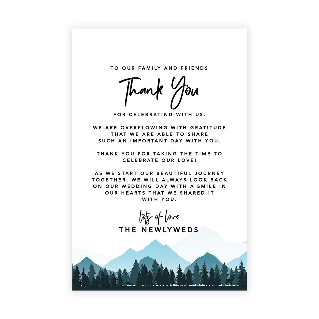 Andaz Press Mountain Forest Wedding Thank You Place Setting Cards for Table Reception, Dinner Plates, Wedding Favor Decoration Seating Settings for Guests, Family, Friends, 56-Pack, 4 x 6-Inch