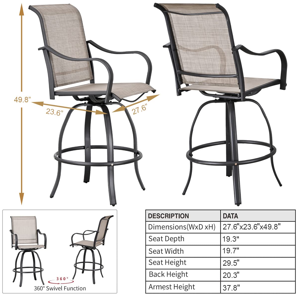 PatioFestival Patio Swivel Bar Stools Set of 4 Outdoor High Bistro Stools Height Chairs Dining Chairs All Weather Garden Furniture(Grey)