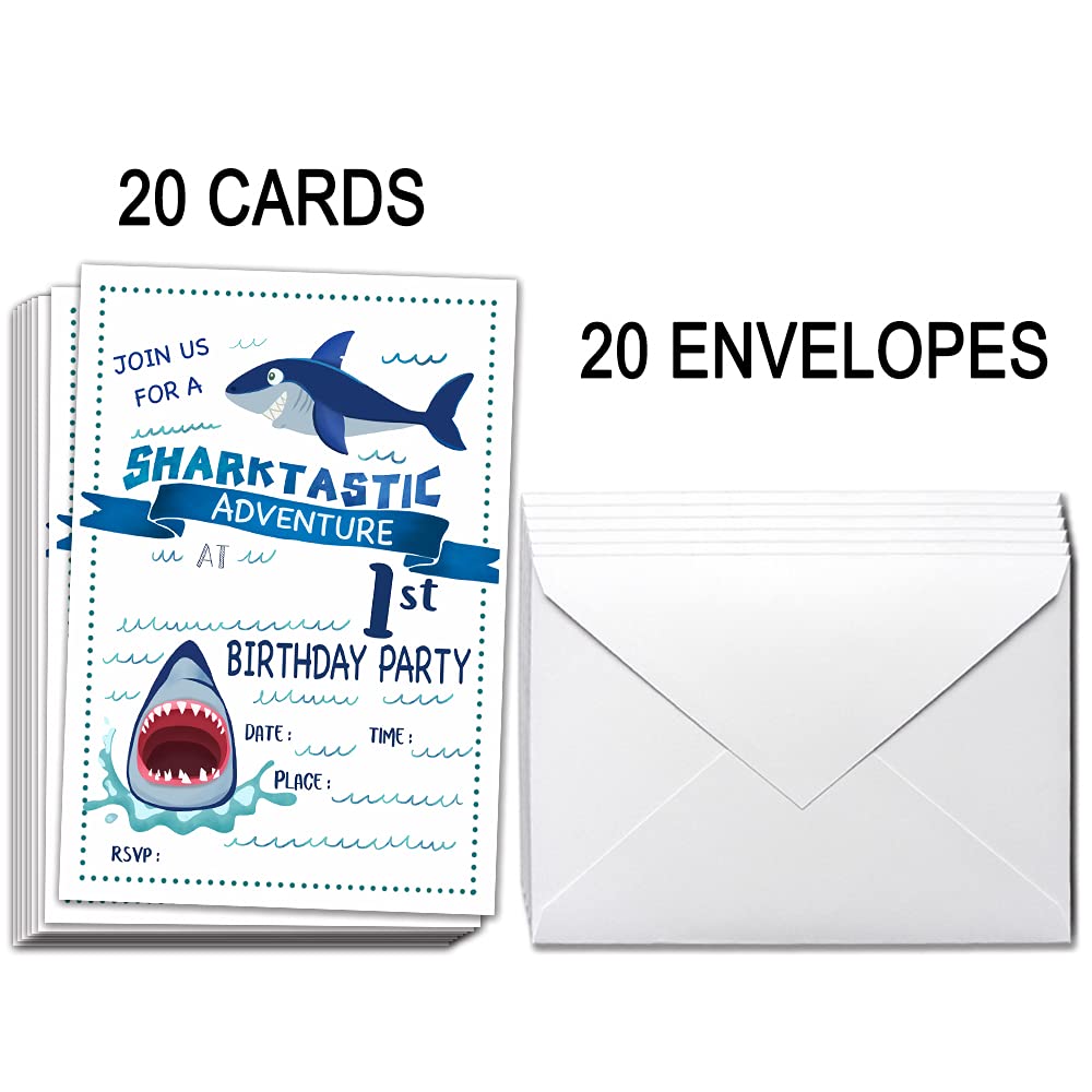 ukebobo 1st Birthday Party Invitations with Envelopes – Shark Birthday Party Invitations, Shark Party Decorations– 20 Cards With Envelopes（sy-01）