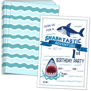 ukebobo 1st birthday party invitations with envelopes – shark birthday party invitations, shark party decorations– 20 cards with envelopes（sy-01）