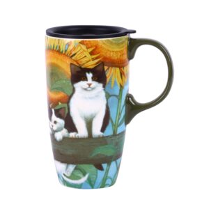 topadorn coffee ceramic mug porcelain latte tea cup with lid 17oz. cat