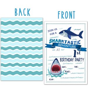 ukebobo 1st Birthday Party Invitations with Envelopes – Shark Birthday Party Invitations, Shark Party Decorations– 20 Cards With Envelopes（sy-01）