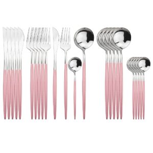 uniturcky silver silverware set, 24-piece stainless steel flatware set service for 6, mirror polished pink handle tableware cutlery set knife fork and spoon for home & restaurant, dishwasher safe