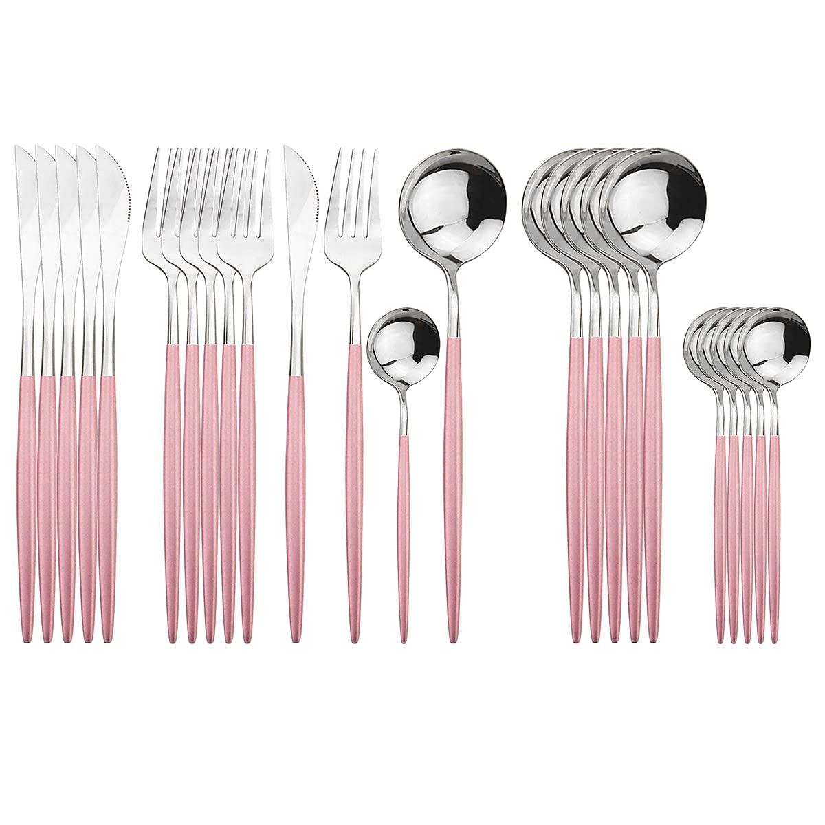 Uniturcky Silver Silverware Set, 24-Piece Stainless Steel Flatware Set Service For 6, Mirror Polished Pink Handle Tableware Cutlery Set Knife Fork And Spoon For Home & Restaurant, Dishwasher Safe