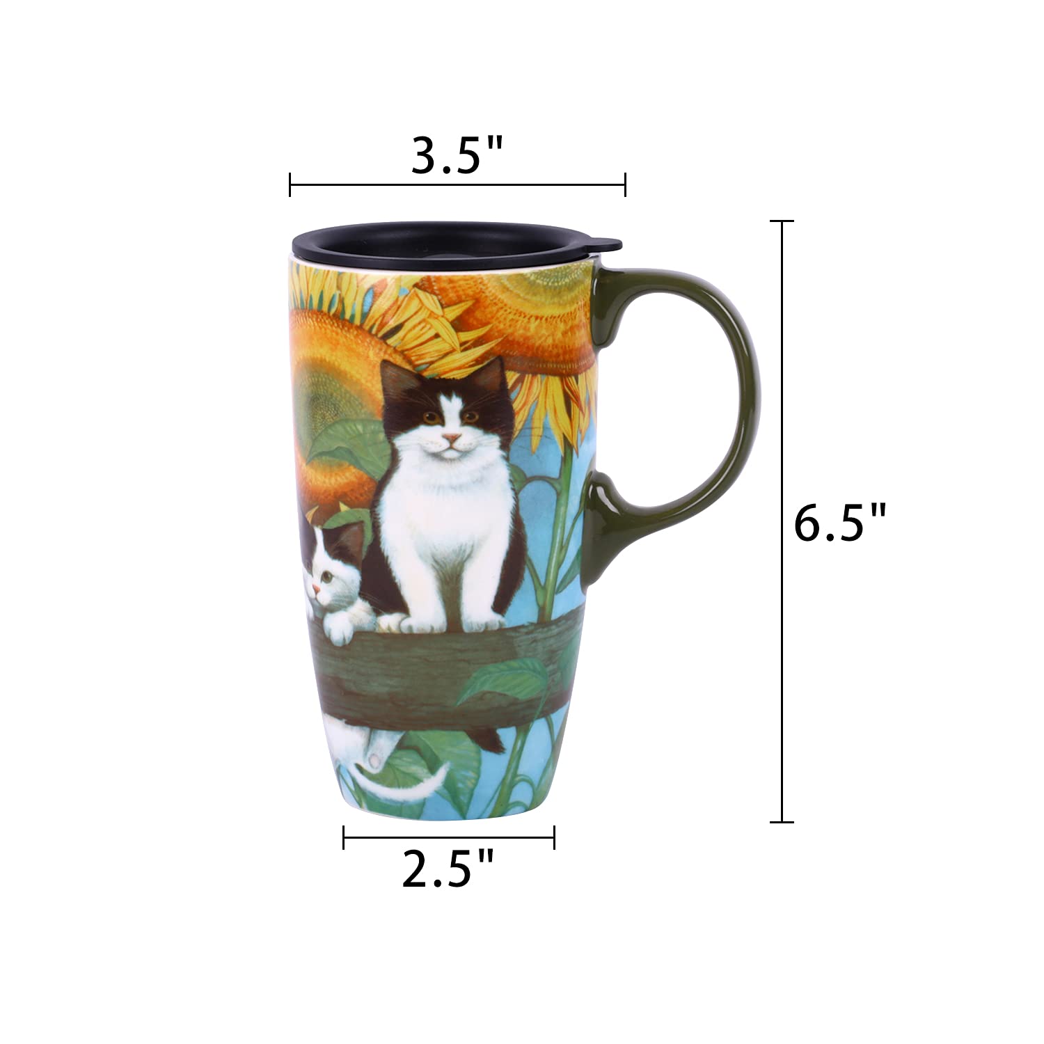 Topadorn Coffee Ceramic Mug Porcelain Latte Tea Cup With Lid 17oz. Cat