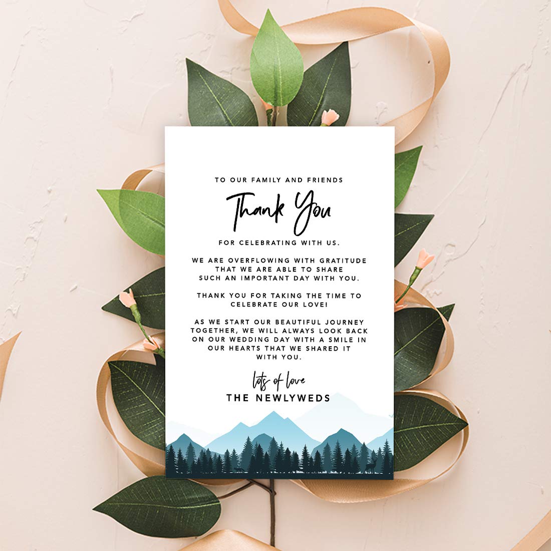 Andaz Press Mountain Forest Wedding Thank You Place Setting Cards for Table Reception, Dinner Plates, Wedding Favor Decoration Seating Settings for Guests, Family, Friends, 56-Pack, 4 x 6-Inch