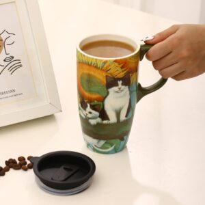 Topadorn Coffee Ceramic Mug Porcelain Latte Tea Cup With Lid 17oz. Cat