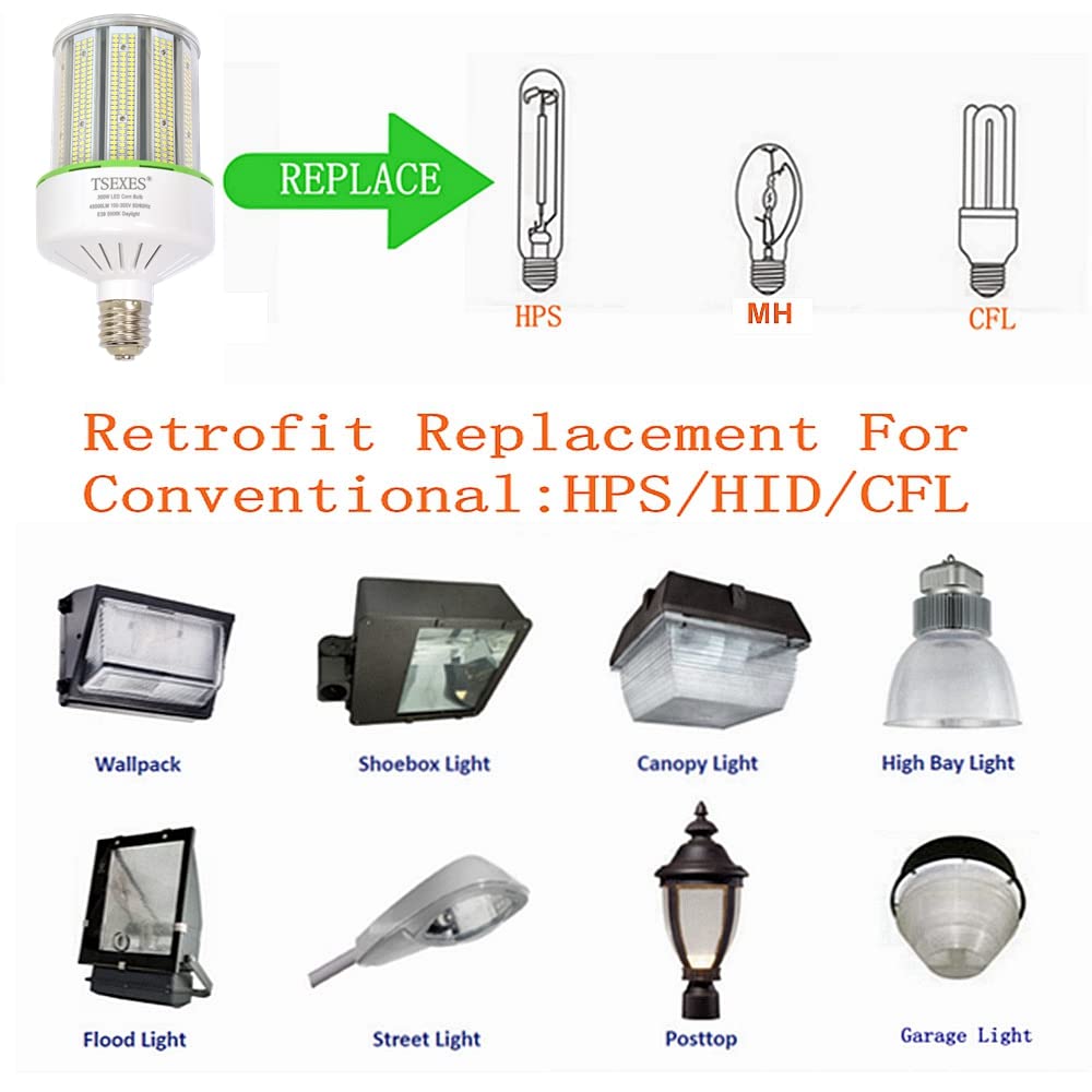 TSEXES 300W LED Corn Bulb, E39 Light Bulb Base,45000Lm 5000K,Replacement for 1000W HID,MH, HPS Parking lot High Bay Work Shop