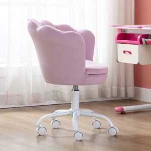 DM Kids Desk Chair Ergonomic Reading Study Computer Chair for Students Cute Modern Upholstered Velvet Swivel Rolling Arm Chair for Girls Bedroom, Seashell Back Adjustable Vanity Chair (Purple)