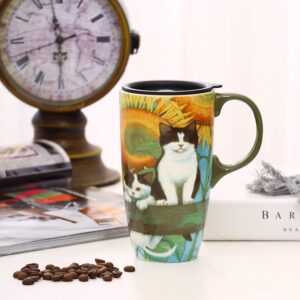 Topadorn Coffee Ceramic Mug Porcelain Latte Tea Cup With Lid 17oz. Cat