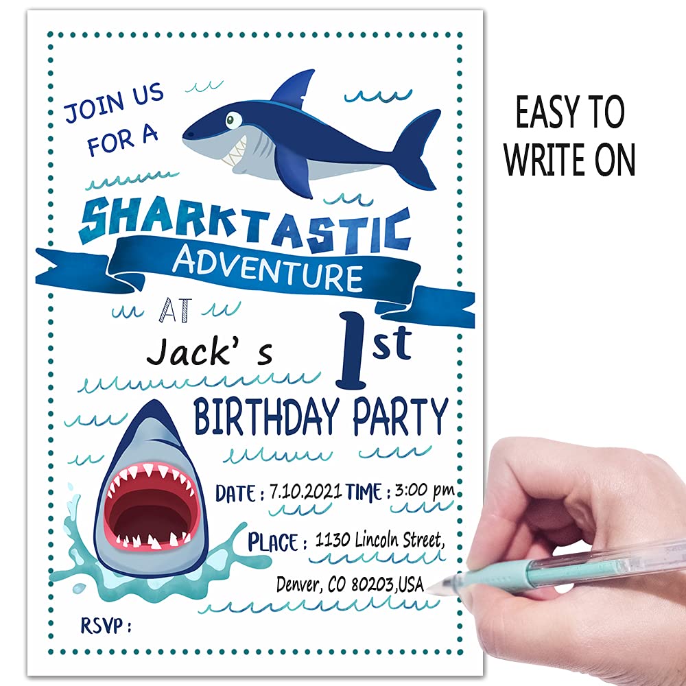 ukebobo 1st Birthday Party Invitations with Envelopes – Shark Birthday Party Invitations, Shark Party Decorations– 20 Cards With Envelopes（sy-01）